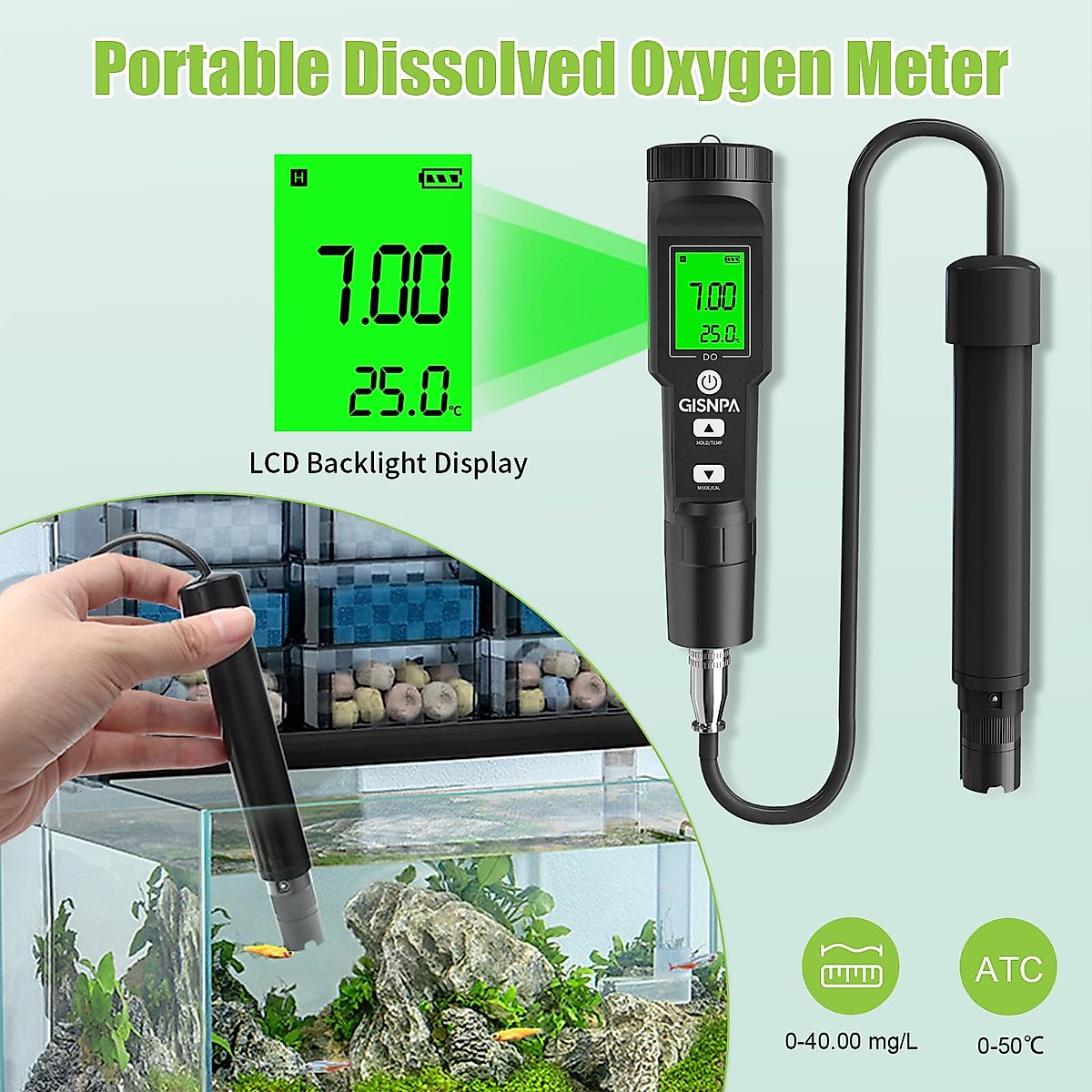 GISNPA Dissolved Oxygen Meter with ATC, 0-40.00 mg/L Measurement Range, DO Meter with Electrode Filling Fluid and Anaerobic Water Calibration Powder