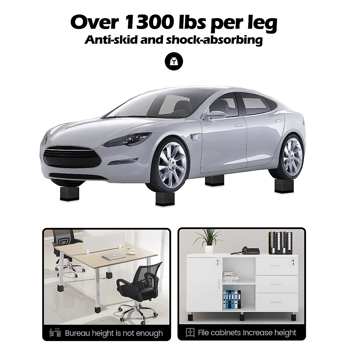 Furniture Risers, Tclouda Bed/Sofa/Desk/Table/Chair Leg/Fridge Lifts to 1.5, 3 and 4 in, Rectangle Adjustable Risers Blocks for Extenders, Heavy Duty Supports Up to 1300 Lbs, 1.5 in-Black-Square