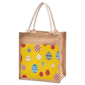 Jute Burlap Tote Bag Happy Easter Eggs Striped Cute Cartoon Yellow Large Capacity Reusable Grocery Shopping Storage Bag