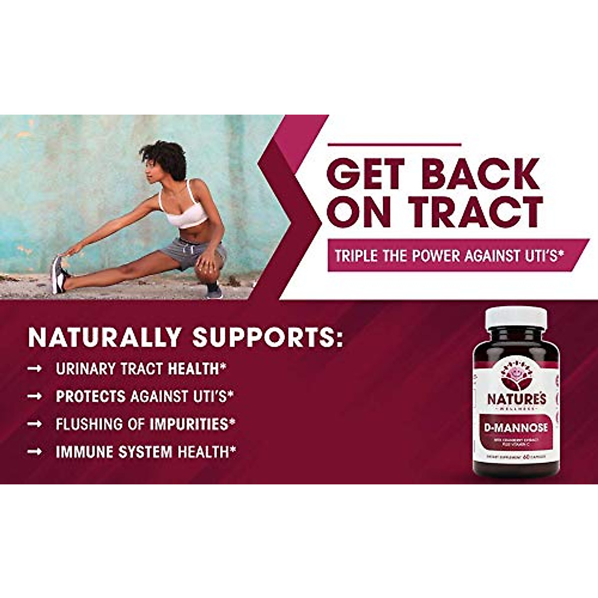 D MANNOSE with Cranberry Extract & Vitamin C - Urinary Tract UT Cleanse & Bladder Health - Protects Against Urinary Tract Infections UTI - Natural Healthy Flush & Detox Impurities | 60 Veg Capsule