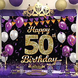 4 x 6ft Happy 50th Birthday Party Decorations Banner Gold and Black Sign - Cheers to 50 Years Anniversary Purple Photo Booth Backdrop Party Supplies for Women and Men
