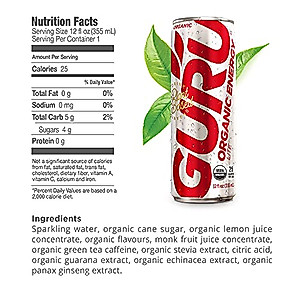 GURU Lite Organic Energy Drink | Stay Focused with Refreshingly Good Energy | Organic Ingredients | Low Calories | Uncompromisingly Good Energy | 12oz (Pack of 24)