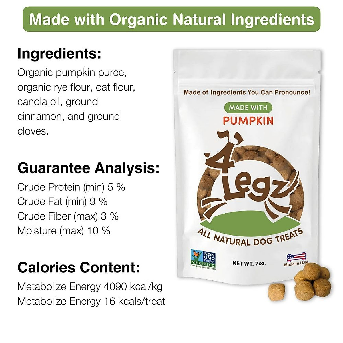 4Legz Organic Pumpkin Vegan Dog Treats from Low Fat & Crunchy Natural Snack Biscuits for Dogs Small, Medium & Large - Made in USA Products Only (7 Ounce, Pack of 1)