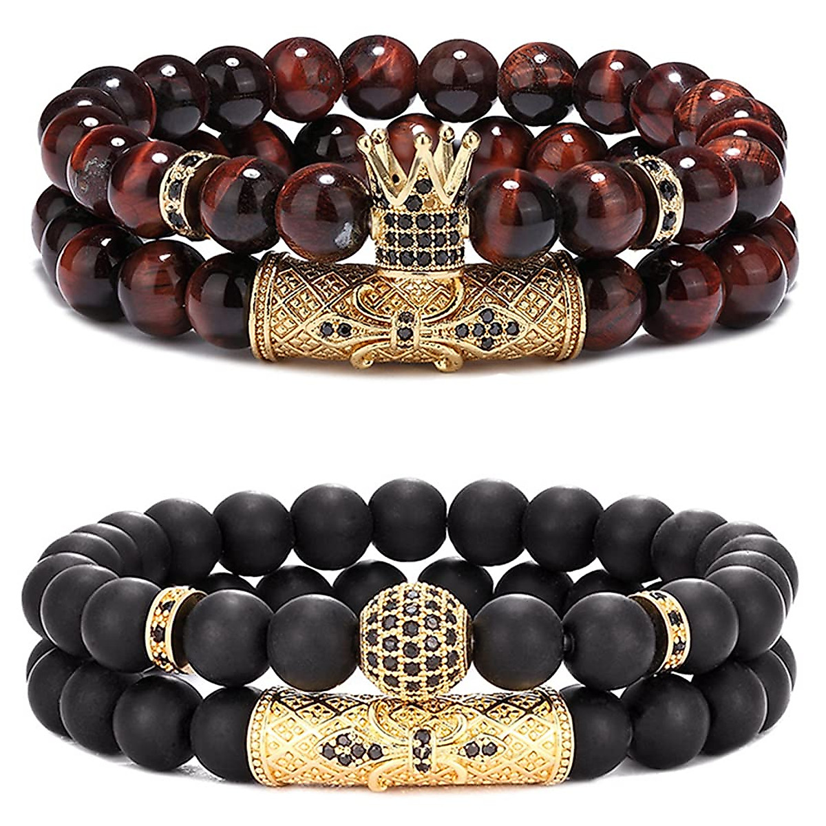 SAMOCO 4 Pcs 8mm Crown King Bracelets for Men Women Tiger Eye Black Matte Onyx Cool Natural Stone Beads Bracelets Set