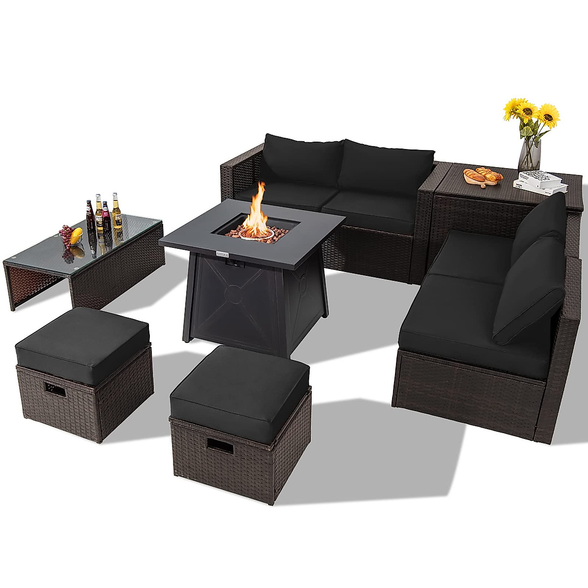Tangkula 9 Pieces Patio Furniture Set with 30” Propane Fire Pit Table, Outdoor PE Wicker Sectional Sofa Set with Storage Box, 50,000 BTU Gas Fire Pit Table with 2 Protective Covers (Black)