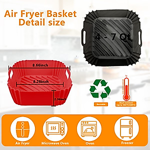 2 Pack Air Fryer Silicone Liners, 8 Inch Square Air Fryer Liners for 4 to 7 QT, Reusable Silicone Air Fryer Liners, Air Fryer Accessories, AirFryer Liners Silicone (Black & Red)