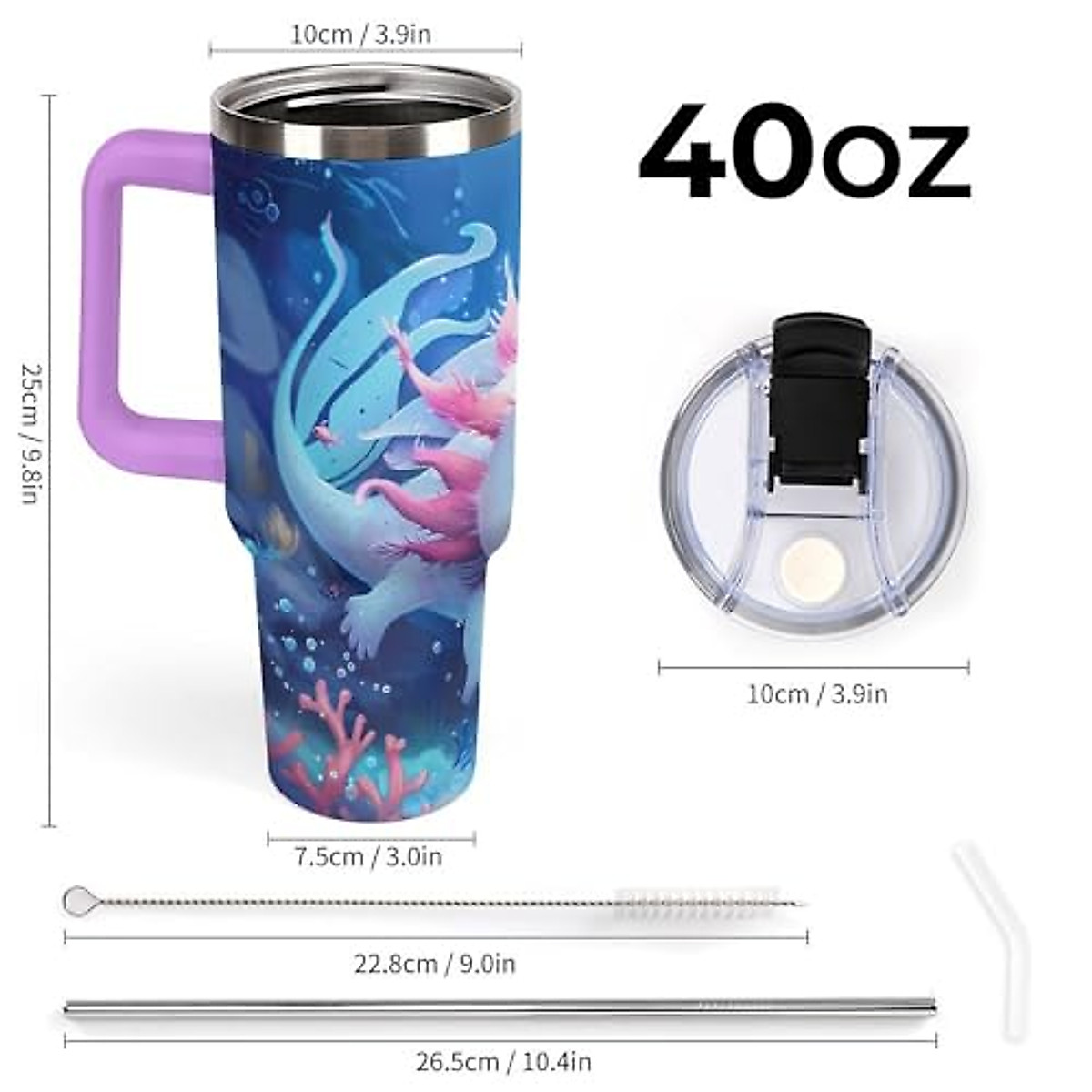 Cute Ocean Animal Axolotl Insulated Tumbler with Lid And Straw Stainless Steel Travel Coffee Mug 40oz Violet-style