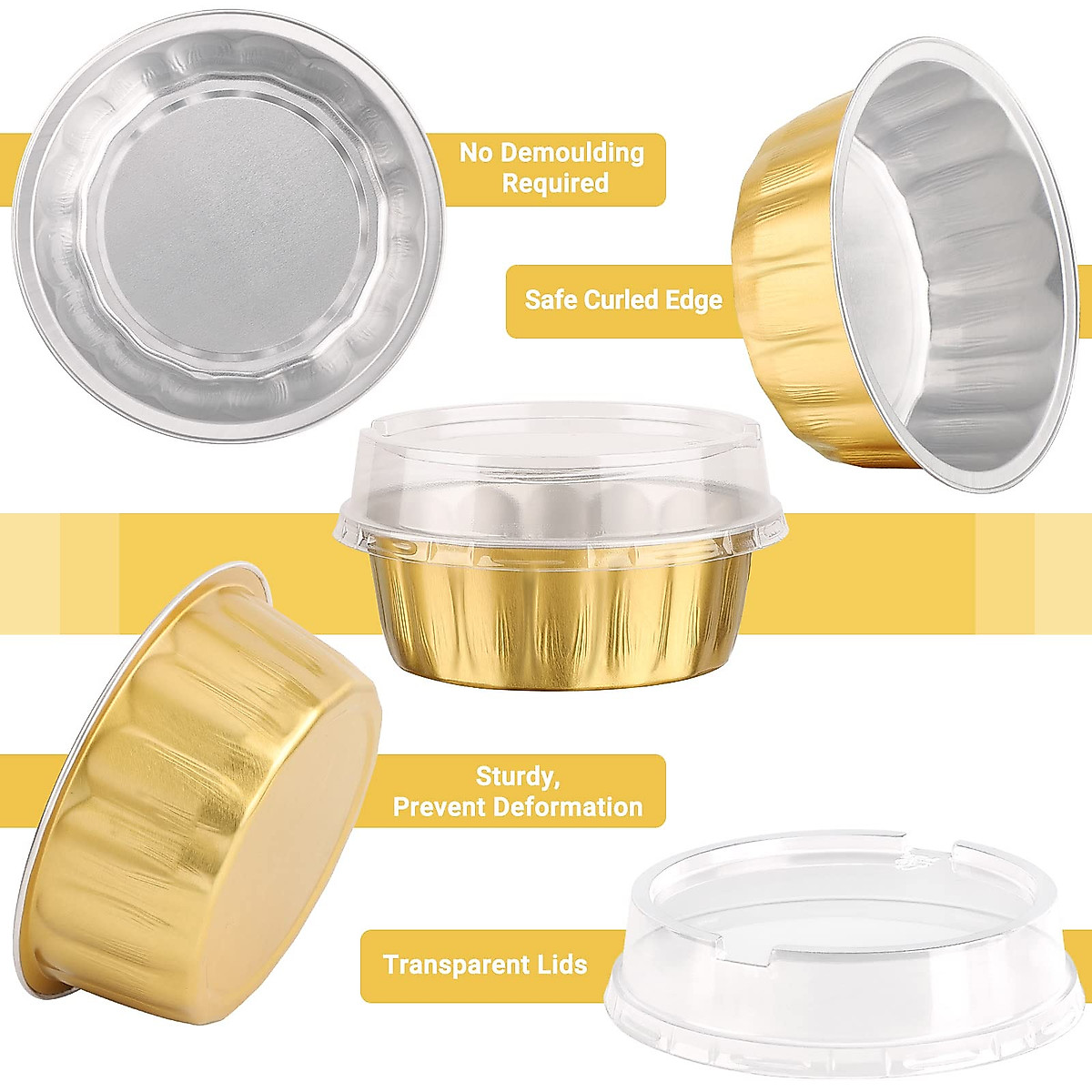 EUSOAR Aluminum Foil Cupcake Baking Cups, Gold 50 Pack 8oz Disposable Aluminium Creme Brulee Ramekins Cupcake Liners, Foil Desert Cake Pans Flan Molds Tin Foil Cups Containers with Lids for Baking