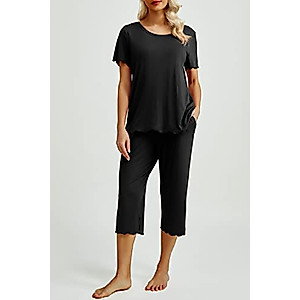 PrinStory Womens Pajama Sets Pajamas for Women Pajamas for Women Set Capri Pajama Pants Loungewear Sleep Sets for Women Soft Pjs for Women Set (Black L)