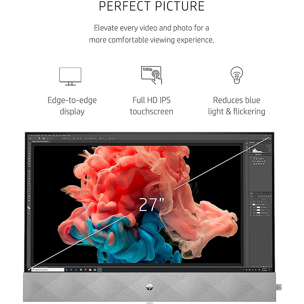 HP Pavilion All-in-One 27-d0230z, AMD Ryzen 7 4800H 16 GB DDR4 1TB HDD 256GB PCIe NVMe M.2 SSD 27" Diagonal FHD Display, Windows 11 Home