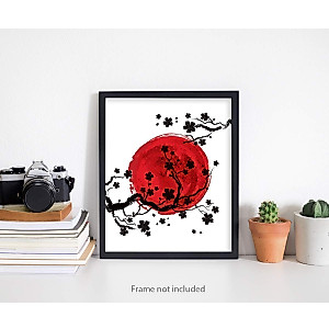 Cherry Blossom Wall Art Poster - Unframed 8x10 in - Beautiful Decorations Posters for Living Room - Pictures with Floral Pattern for Bedroom Decor - Black & White & Red Pics for Woman