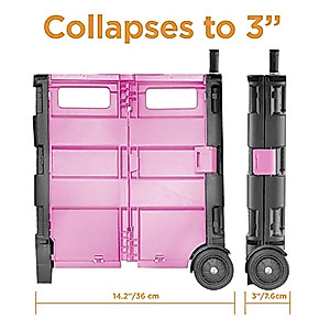 Inspired Living Ultra-Slim Rolling Collapsible Storage Pack-N-Roll Utility-carts, with Telescopic Handle, for Home, Garden, Shopping, Office, School use, Medium, Pink & Black