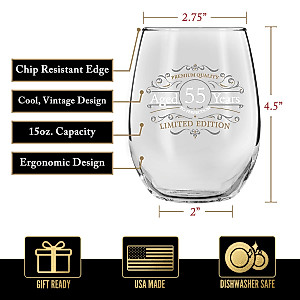 DU VINO Vintage Edition 55th Birthday Stemless Wine Glass for Men and Women (55th Anniversary) 15 oz | Happy Birthday Wine Glasses for 55 Year Old | Classic Birthday Gift, Reunion Gift for Him or Her