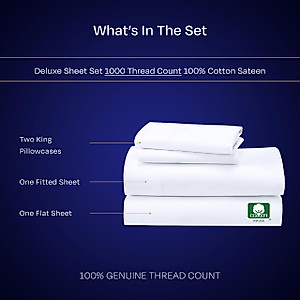 California Design Den 1000 Thread Count King Size Sheet Set - Winner Architectural Digest Best Sheet, Sateen, 100% Cotton Sheets with Deep Pockets, Softer Than Egyptian Cotton - White