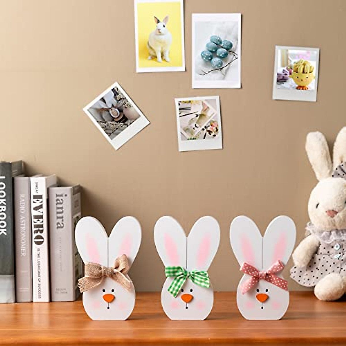 Easter Decorations for the Home, hogardeck 3 Pcs Easter Bunny Table Decor, Wood Sign Rabbit Block Set with Plaid Dot Burlap Bow Wooden Signs Table Centerpiece Farmhouse Decor for Party Fireplace Tiered Tray Tabletop