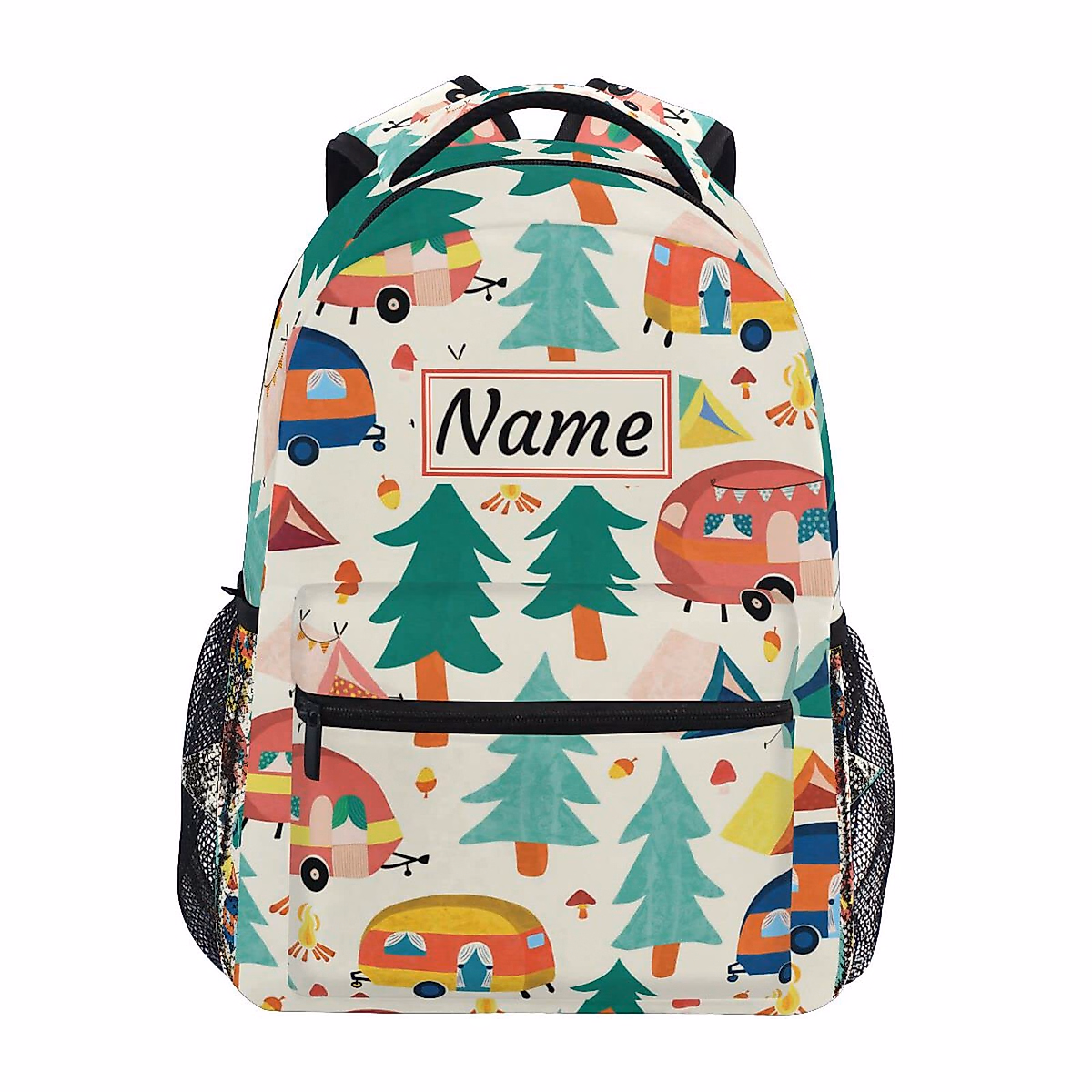 Camper Caravans and Tents in Forest Custom School Backpack for Boys Girls, Personalized Name Elementary School Bookbag Travel Bag Daypack
