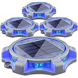 Siedinlar Solar Deck Lights Outdoor 2 Modes LED Driveway Markers Dock Light Solar Powered Waterproof for Step Walkway Ground Stair Pathway Yard Road Garden 4 Pack (Blue/Red)