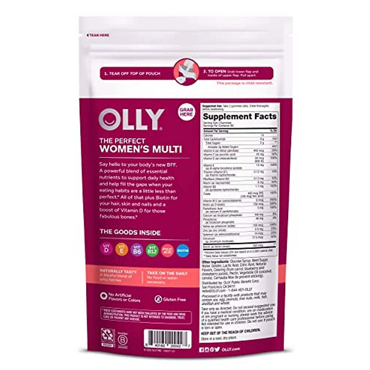 OLLY Women's Multivitamin Gummy, Vitamins A, D, C, E, Biotin, Folic Acid, Berry Flavor, 60-Day Supply - 120 Count
