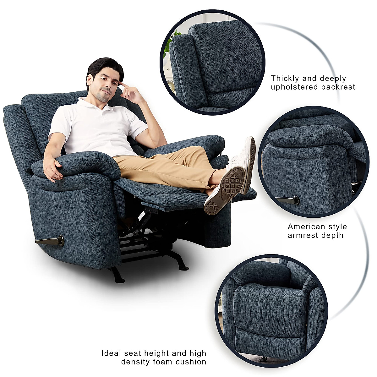 Rocker Recliner Chair, Modern Rocking Recliner, Glider Recliner, Push Back Upholstered Recliner Armchair with Footrest, Ergonomic Arms, Back, Wood Steel Structure Living Room Private cinema, Navy Blue