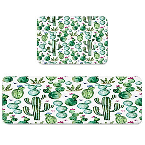 Succulent Cactus Anti Fatigue Kitchen Rug Set 2 Cushioned Kitchen Floor Mats Set Waterproof Heavy Duty Standing Mats Non Slip Nature Watercolor Botanical Desert Plant Flowers 19.7x31.5in+19.7x47.2in