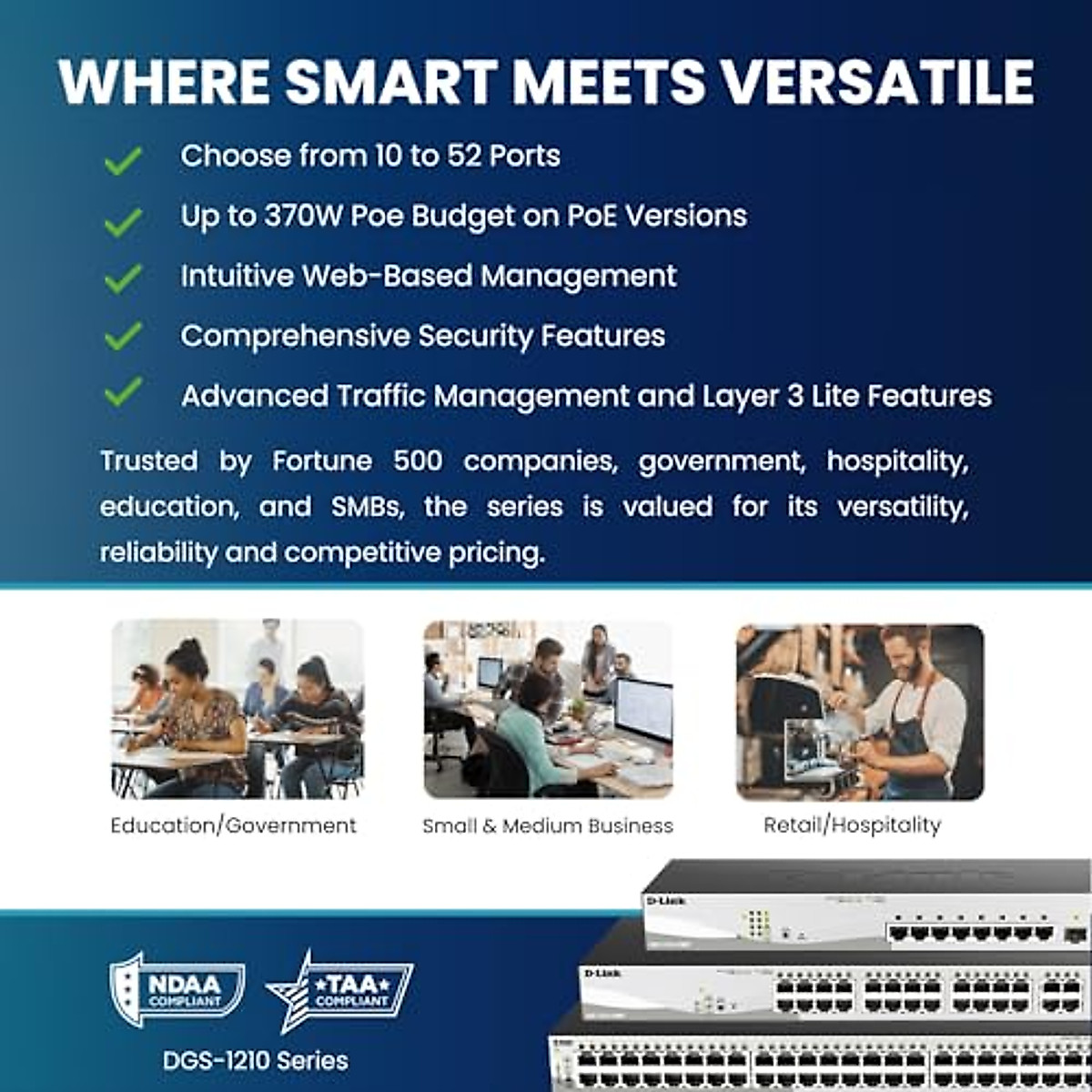 D-Link 10-Port Gigabit Smart Managed PoE+ Switch | 8 PoE+ Ports (130W) + 2 SFP Ports | L2+ | VLANs | Web Managed | Surveillance Mode | Desktop or Rackmount | Fanless | NDAA Compliant (DGS-1210-10MP)