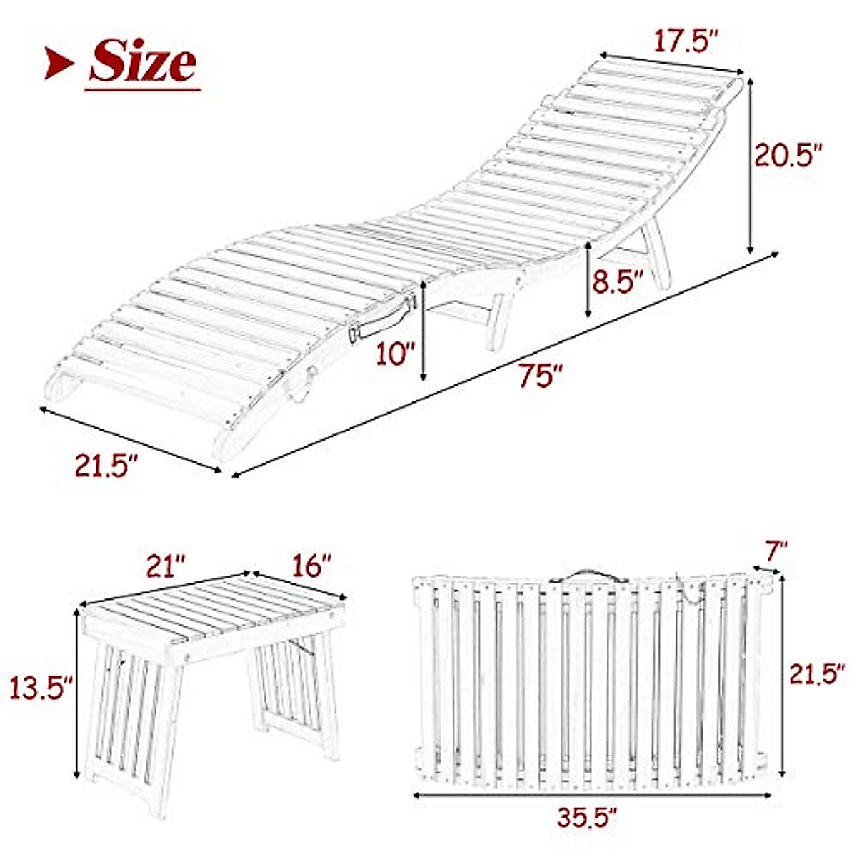 Tangkula 3 Pcs Folding Patio Solid Eucalyptus Wood Lounge Chair Set, Outdoor Lounger Chair w/Foldable Side Table, Double-Sided Cushion Lounger Chairs Set for Garden Lawn Backyard(Red & White)