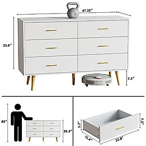 JOZZBY Dresser for Bedroom with 6 Drawers, Wooden White Dresser with Golden Handles, Modern Chests of Drawer Storage Organizer for Hallway, Entryway
