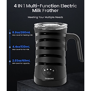 Milk Frother, SAIBOKE 4-in-1 Electric Milk Steamer，Automatic Hot & Cold Foam Maker, 8.8oz/260ml Milk Warmer for Latte, Cappuccinos, Macchiato. Ultra-Quiet Working & Automatic Shut Off.