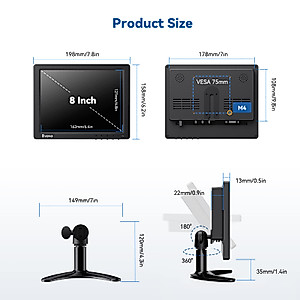 Eyoyo 8 Inch Small Monitor, 1024x768 4:3 IPS Mini HDMI Monitor Support HDMI/VGA/AV/BNC Input with Remote Control & Built-in Speakers, Security Monitor for Computer Raspi CCTV Camera