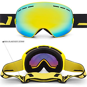 JULI Kids Ski Goggles,Interchangeable Double Layer Spherical Lens,OTG Anti-Fog Snowboard Skate Snow Goggles Age 4-16 4300（Yellow）