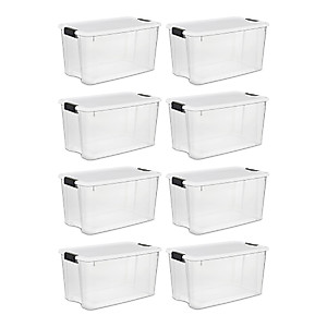 Sterilite 70 Qt Ultra Latch Box, Stackable Storage Bin with Latching Lid, Organize Clothes, Sport Gear in Basement, Clear with White Lid, 8-Pack