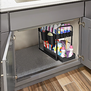 Under Sink Organizers and Storage, Adjustable Height Sliding Under Bathroom Cabinet Storage Organizer, 2 Tier Under Kitchen Sink Organizer with 4 Hooks, 4 Hanging Cup for Bathroom, Kitchen (Black)