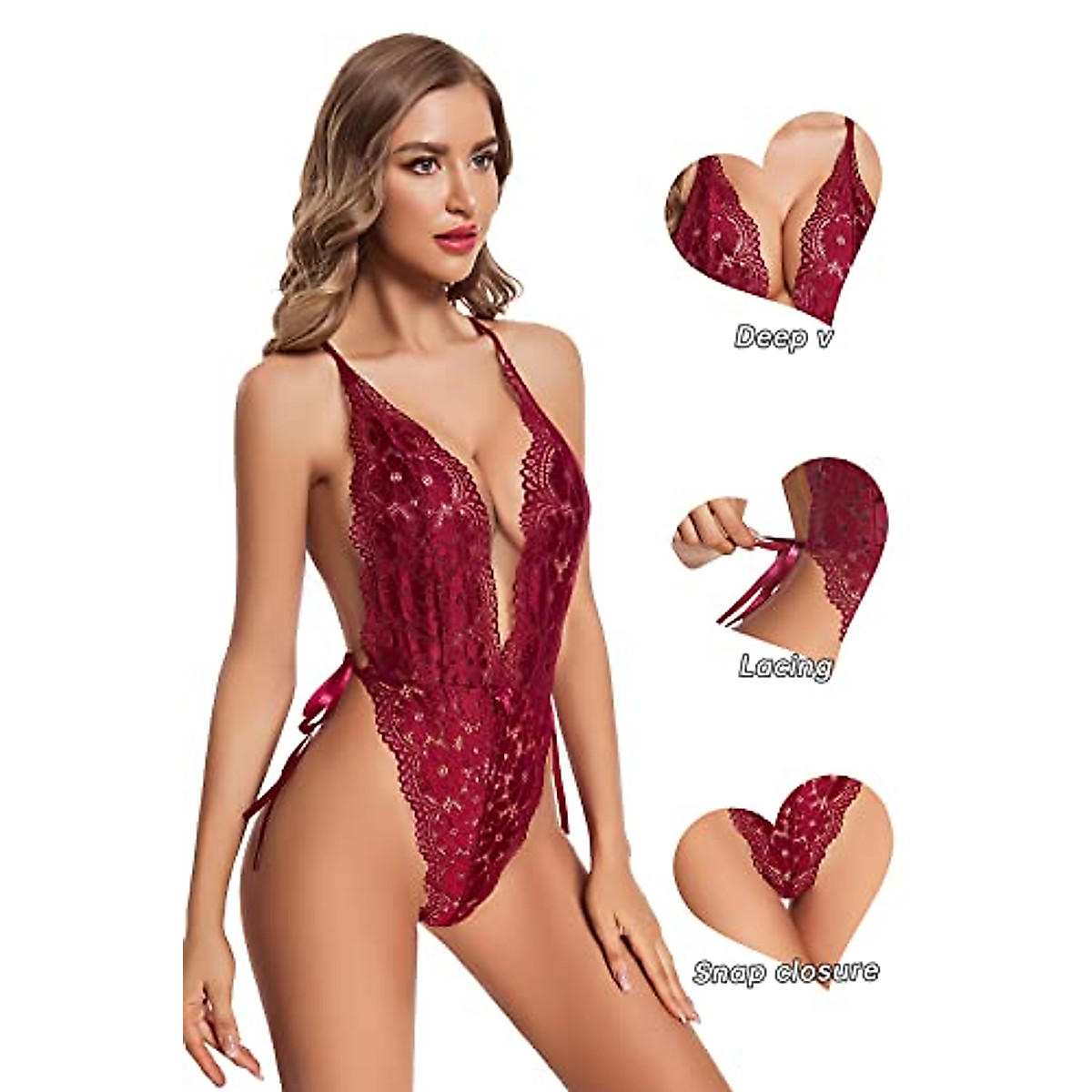 ADSEXY Lingerie for Women Sexy Naughty Teddy Floral See Through Bodysuit Deep V Neck Lace Mini Babydoll Chemise One Piece Red S