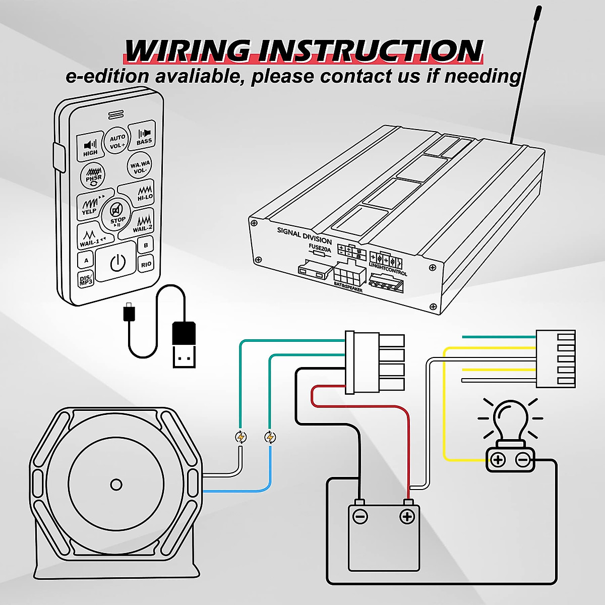 SMALLFATW Police Siren 20 Tones 130 DB 200 Watt, Dual 20A Auxiliary Switch, Wireless Remote USB Rechargeable 15M Control Range, Car PA System Speaker Horn, Emergency Siren for Car Truck Vehicles