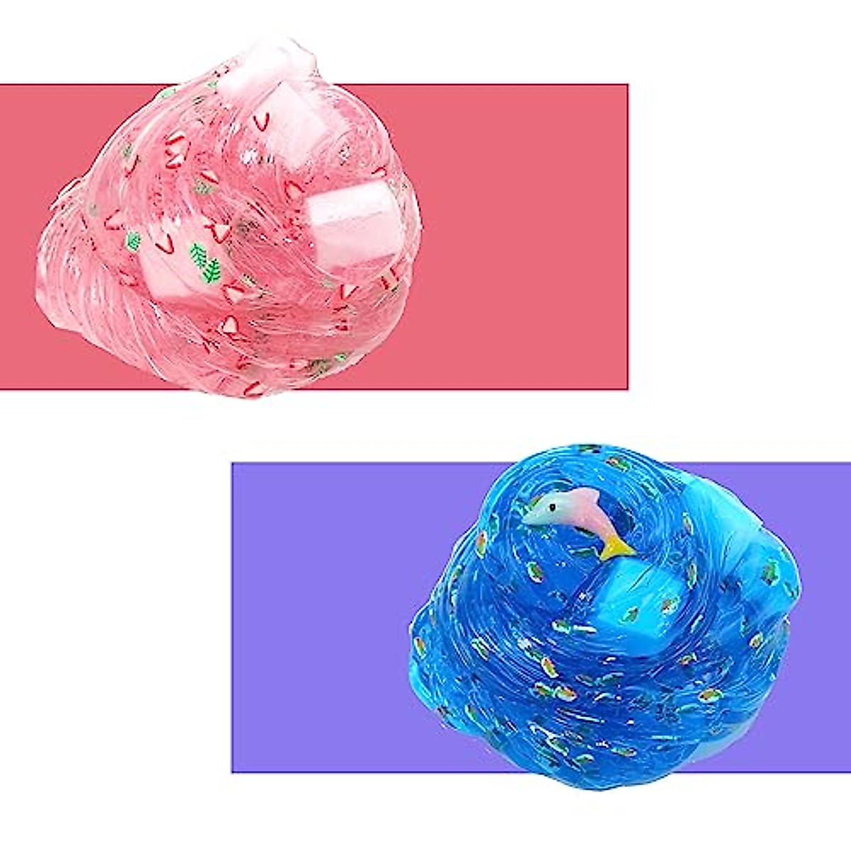 2 Packs Pink and Blue Crunchy Slime Kit for Girls,Non Sticky and Super Soft Sludge Jelly Cube Slime Toy,DIY Crystal Glue Boba Slime Party Favor for Boys,Birthday Gifts for Kids.