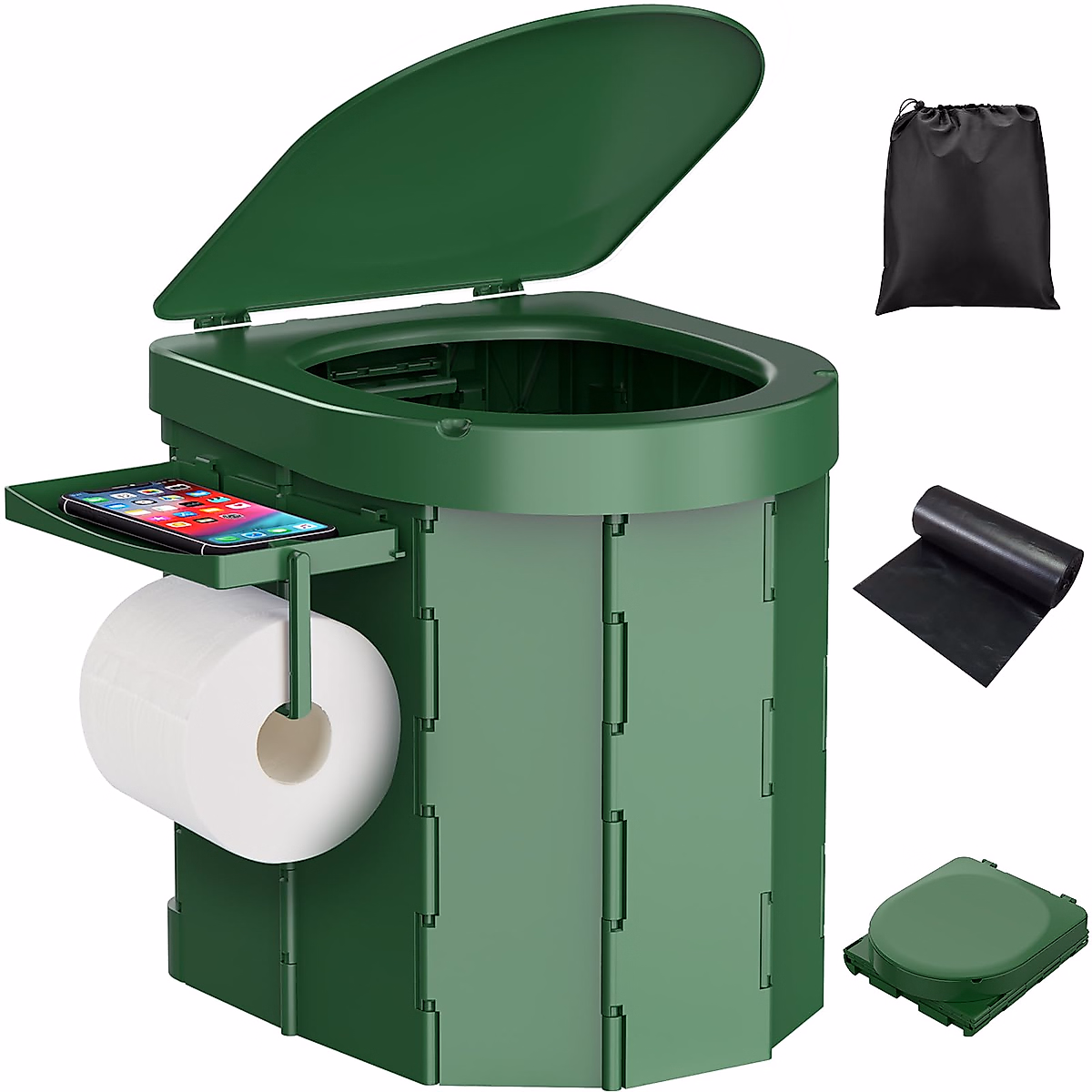 PAHTTO Portable Camping Toilet, Foldable Toilet for Adults with Detachable Phone Shelf and Toilet Paper Holder, Waterproof Porta Potty with Lid for Camping, Hiking, RV Travel, Road Trips, Car, Green
