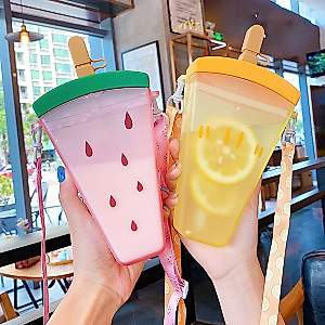 12Oz (350ML)Cute Water Bottles with Straws, Creative Kawaii Popsicle Cups, Leakproof Plastic Popsicle Bottles with Shoulder Strap, Multi-Colored Juice Drinking Bottle Suitable for Adult Children