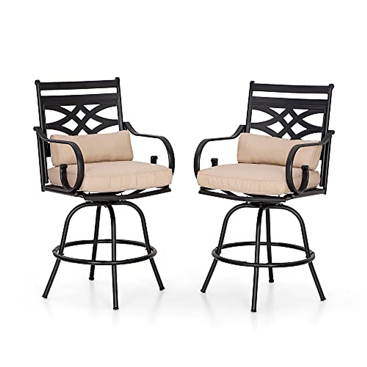 PHI VILLA Outdoor Swivel Bar Stools Set of 2, Metal Tall Patio Bar Height Chairs, Strong and Heavy Duty Outdoor Counter Height Bar Stools with Cushion and Pillow, Max Load Bearing up to 300 Lbs