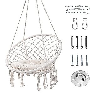HBlife Hammock Chair, Hanging Swing with Macrame and Cushion, Max 330 Lbs, Beige Hanging Cotton Rope Chair for Indoor, Outdoor, Bedroom, Patio, Yard, Deck, Garden and Porch