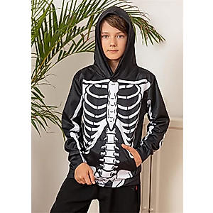 Enlifety Young Kids Scary Skeleton Sweatshirts Boys Girls Long Sleeve Skull Hoodies Halloween Costume Pullover Hoody with Pocket for Winter Fall Size 8 9 10 11