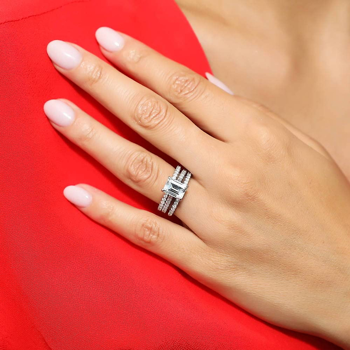 BERRICLE Sterling Silver Solitaire Wedding Engagement Rings 2.6 Carat Emerald Cut Cubic Zirconia CZ Ring Set for Women, Rhodium Plated Size 7.5