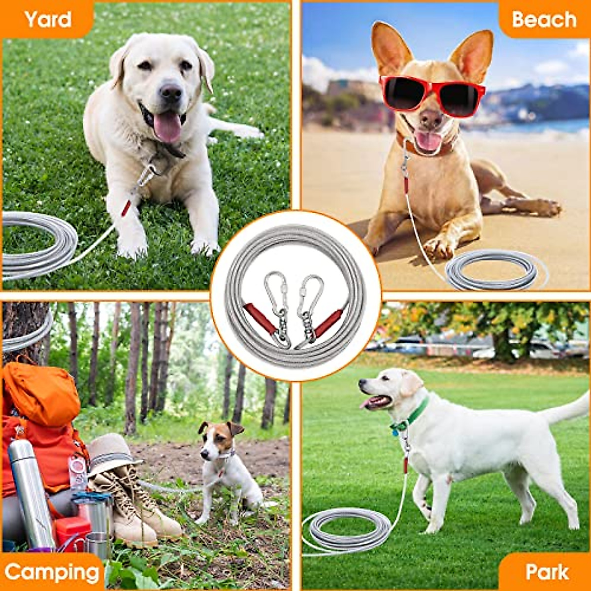 Dog Tie Out Cable for Dogs Outside Up to 125/250lbs,10/20/30/50FT Long Dog Leashe&Chains,Small-Large Dogs Runner Cable for Yard,Heavy Duty Dog Lead Line for Outdoor,Camping,Yard(250lbs 10FT, Silver)