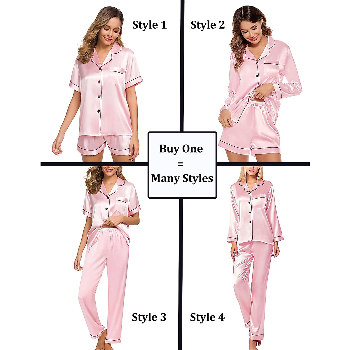 SWOMOG Women 4Pcs Silk Pajamas Set Button Down Sleepwear Loungewear Pj Sets for Ladies Nightwear Pink Small