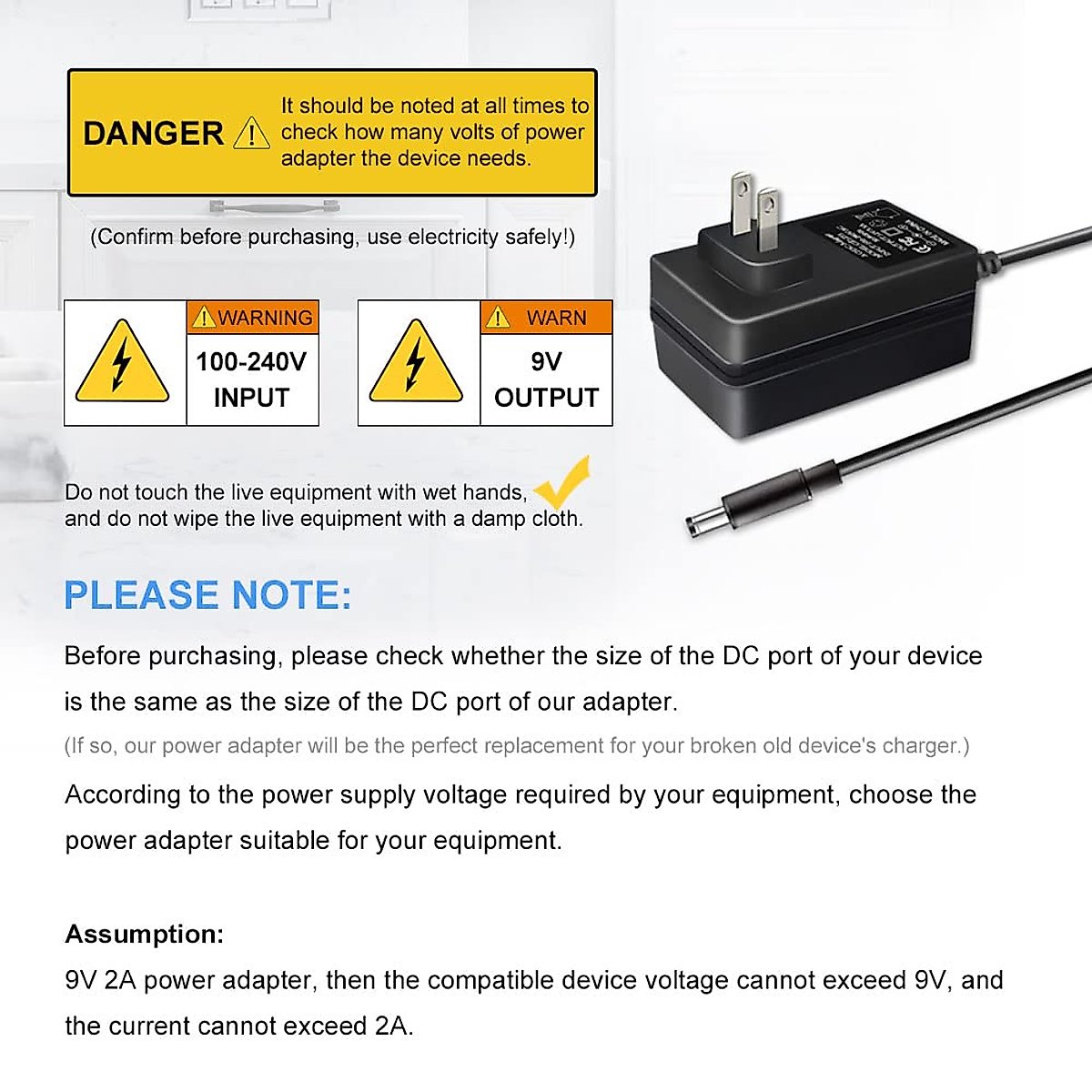 9V 2A Power Supply AC 100-240V to DC 9Volt 500mA 1500mA 2Amp 18Watt, 5.5x2.5mm Plug Wall Adapter for Arduino Elliptical Machine LEDs Router Speaker Camera CCTV etc.(Regulated Switching Power Charger)