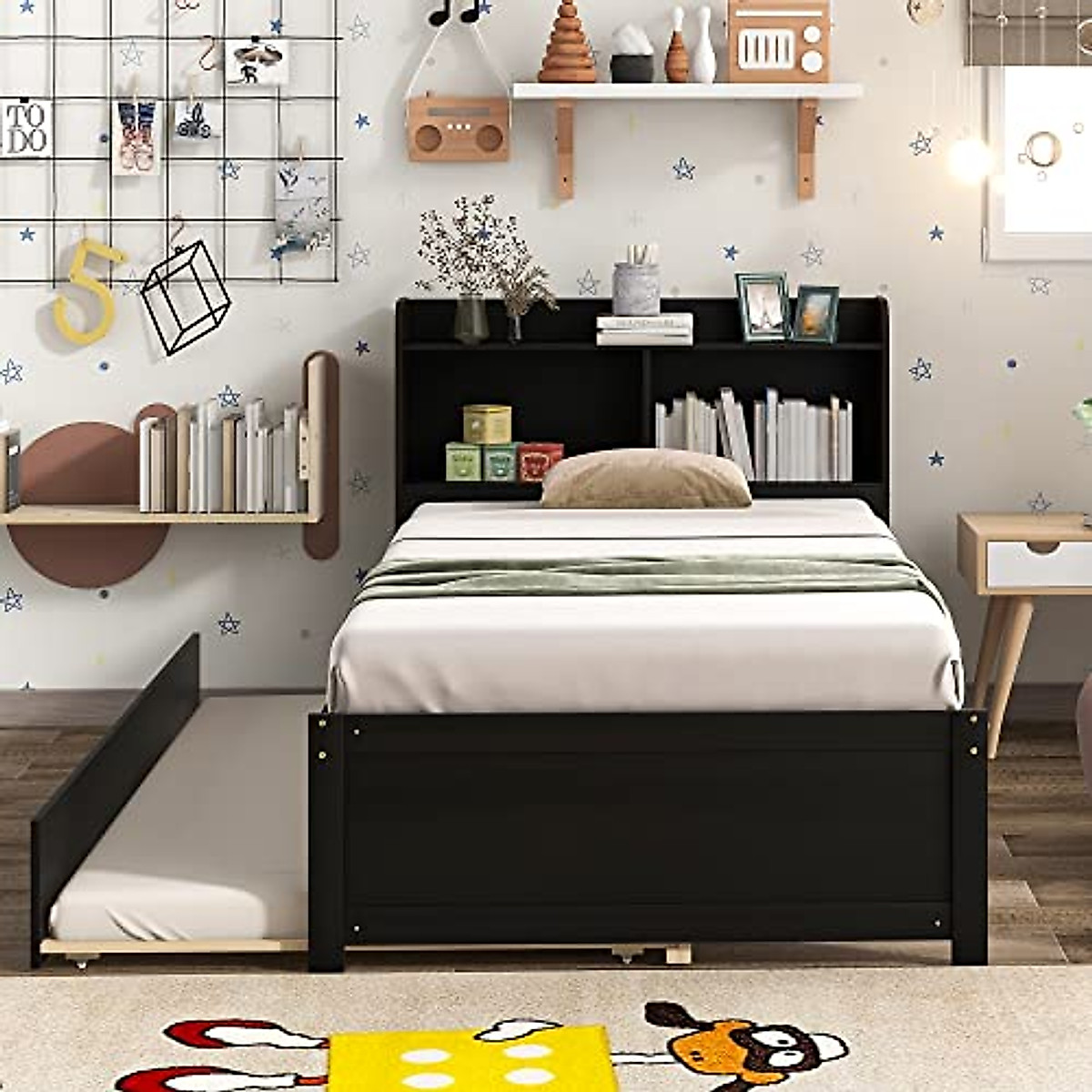 ERDAYE Twin Size Platform Bed Sets with Pull Out Trundle & Bookcase, Solid Wood Bedframe with Storage Shelves for Boys and Girls Bedroom Furniture Daybed, Space Saving Design, Espresso