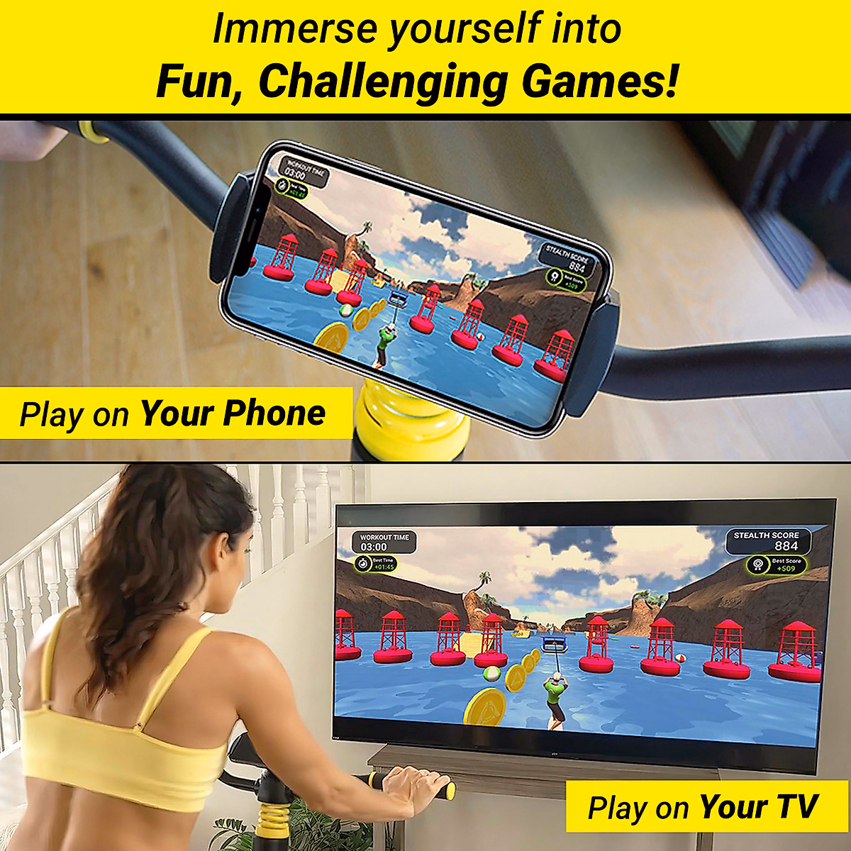STEALTH GAME CYCLE: Full-Body Workout X-Bike, Gamified Cardio with 5 Free Games, Foldable Magnetic Cycle, Phone Holder + Free Fitness App (Optional Premium Subscription)
