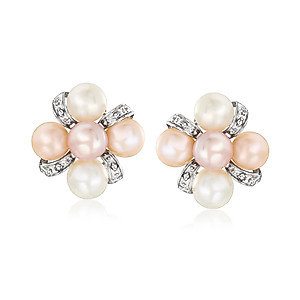 Ross-Simons 7-7.5mm Multicolored Cultured Pearl Earrings With Diamonds in Sterling Silver