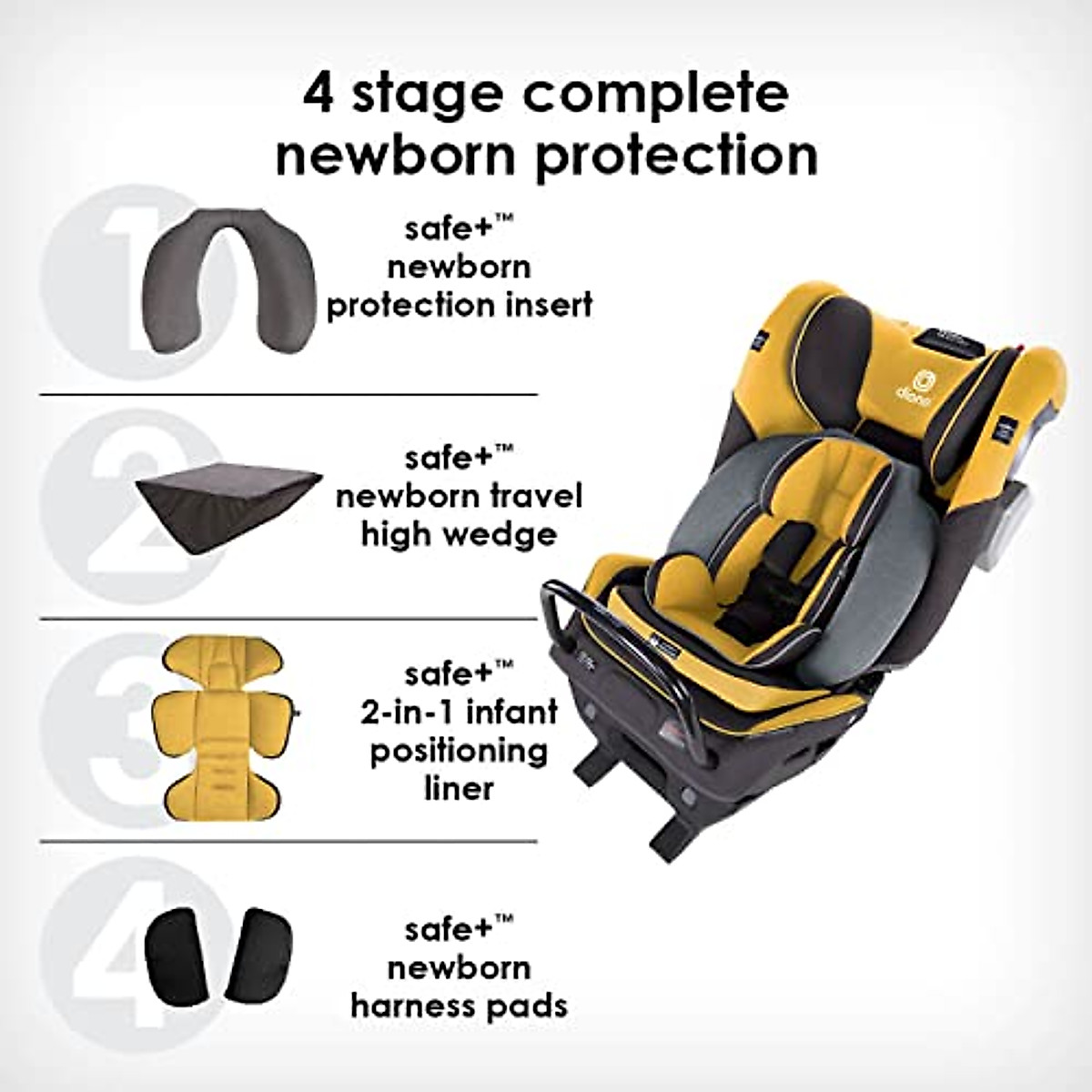 Diono Radian 3QXT 4-in-1 Rear and Forward Facing Convertible Car Seat, Safe Plus Engineering, 4 Stage Infant Protection, 10 Years 1 Car Seat, Slim Fit 3 Across, Yellow Mineral