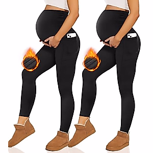 Happy.angel 2 Pack Maternity Fleece Lined Leggings Over The Belly, Womens Black Workout Yoga Pregnancy Pants with Pockets Black Small