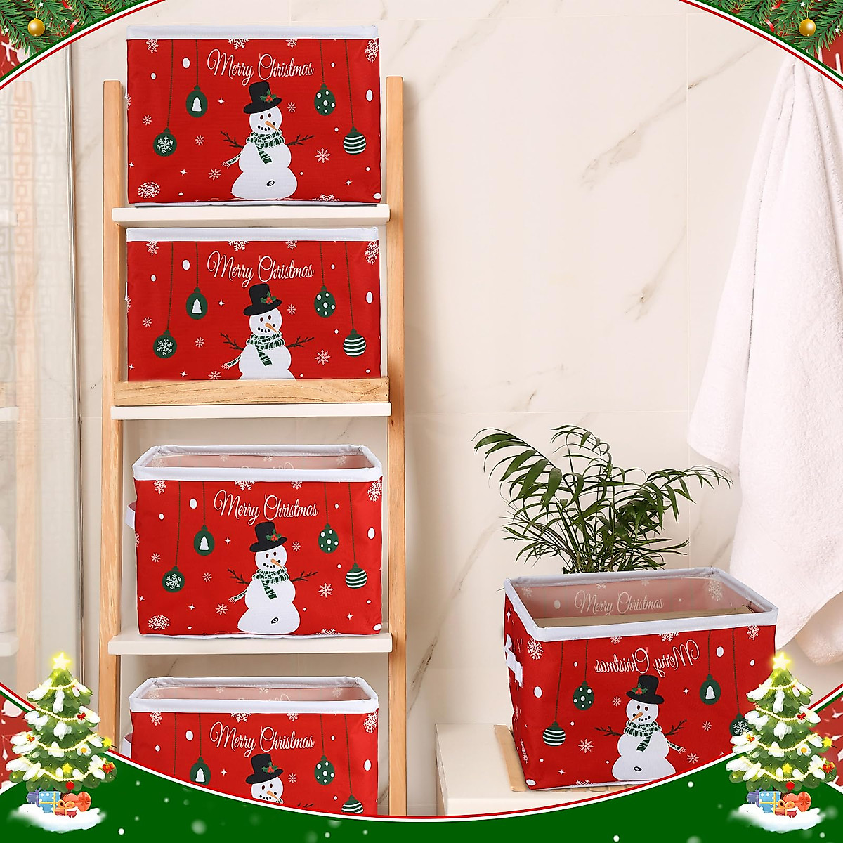 Chapou 4 Pcs Christmas Basket with Handles Collapsible Laundry Basket Christmas Storage Basket Fabric Laundry Baskets Storage Organizer Bag for Baby Cloth Book Storage Cubes(Snowman)